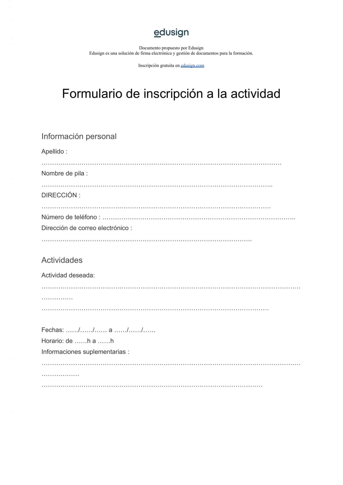 Modelo de formulario de inscripción a una actividad: Plantilla gratuita | Edusign