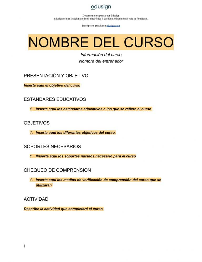 Modelo de plan del curso: Plantilla en formato Word o PDF | Edusign