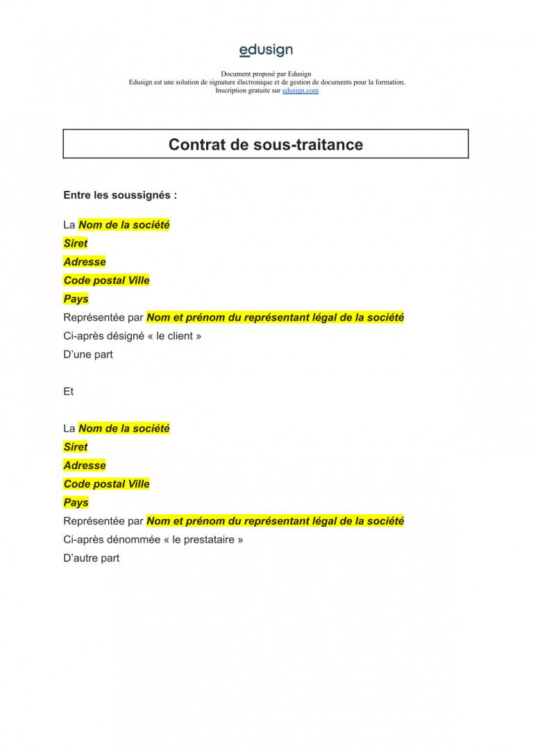 Contrat de sous-traitance : Modèle gratuit en format Word, PDF | Edusign