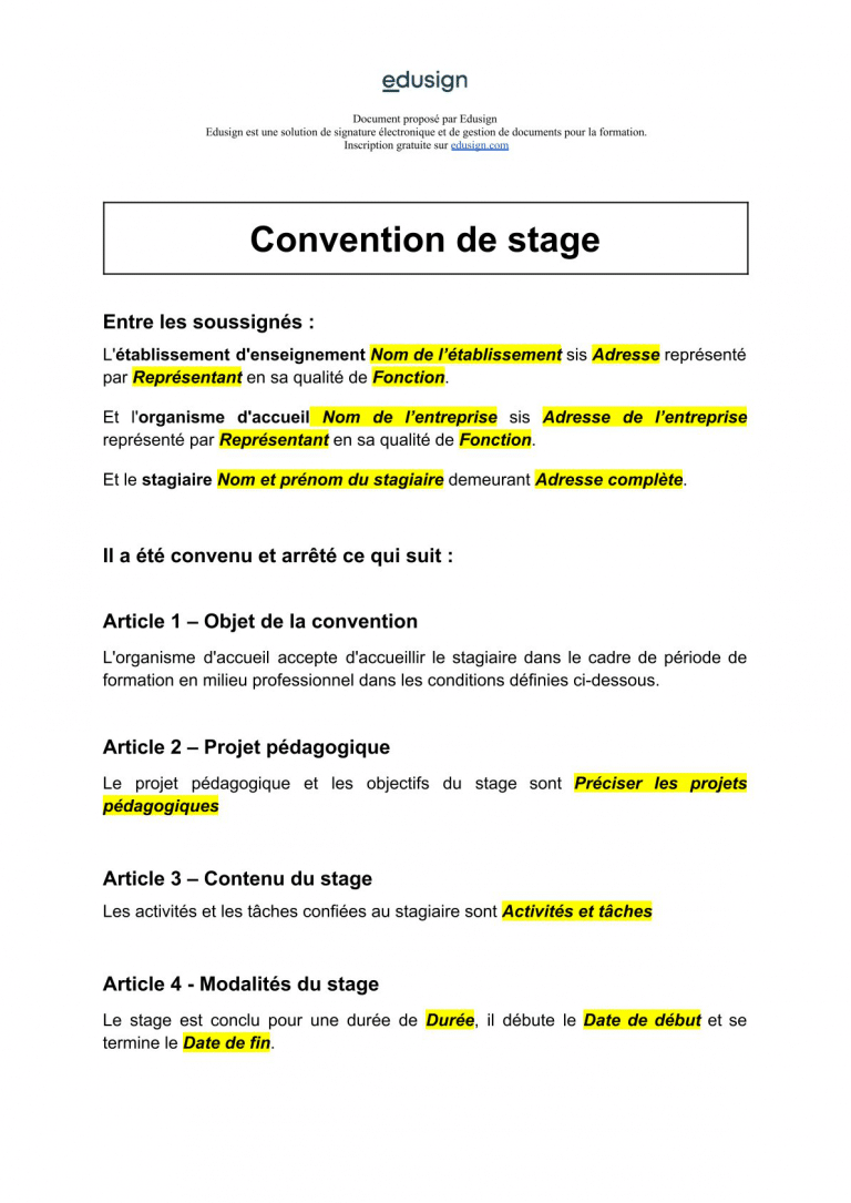 Convention de stage : Modèle gratuit en format Word, PDF | Edusign