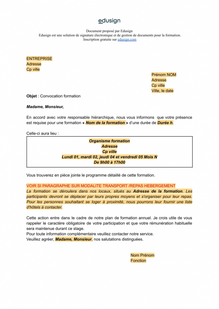 Convocation de formation : Modèle gratuit en format Word, PDF | Edusign