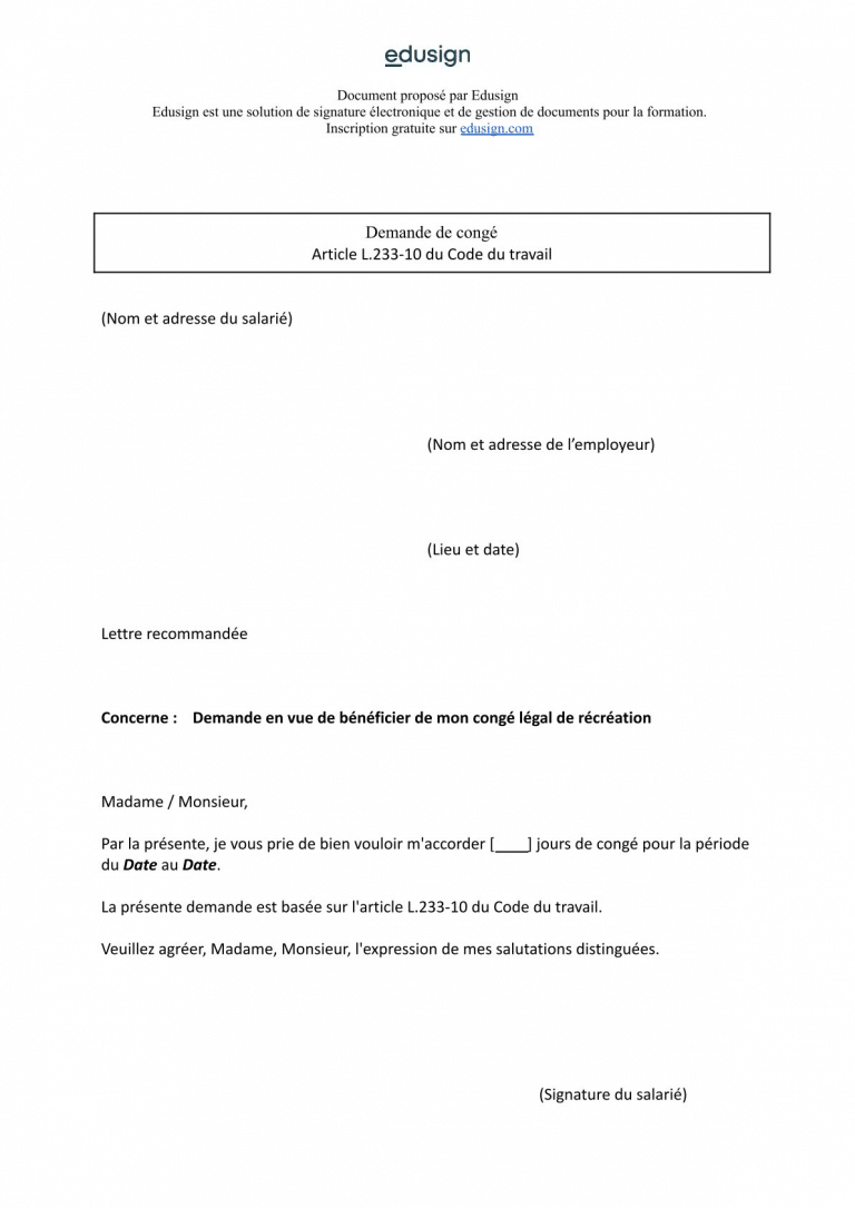 Demande de congé : Modèle gratuit en format Word, PDF | Edusign