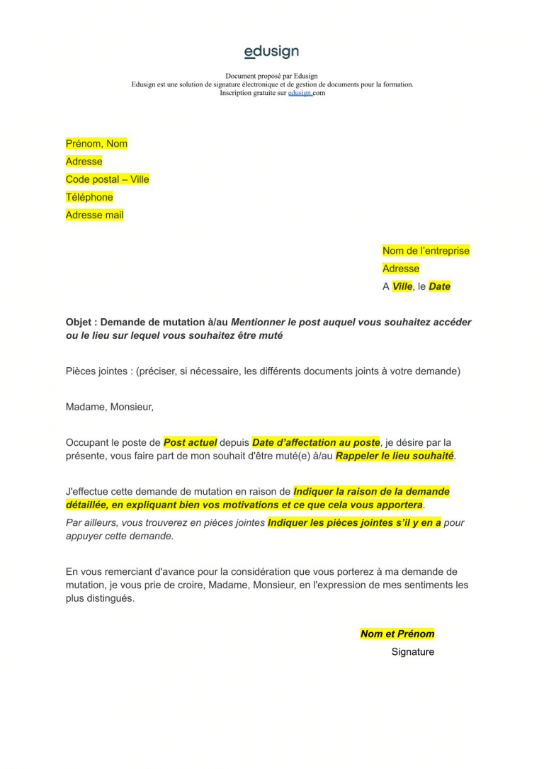 Demande de mutation : Modèle gratuit en format Word, PDF | Edusign
