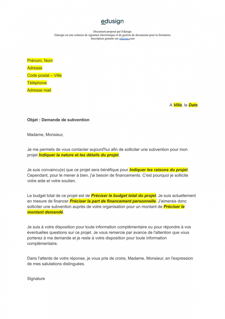 Lettre demande de subvention : Modèle gratuit en format Word, PDF | Edusign