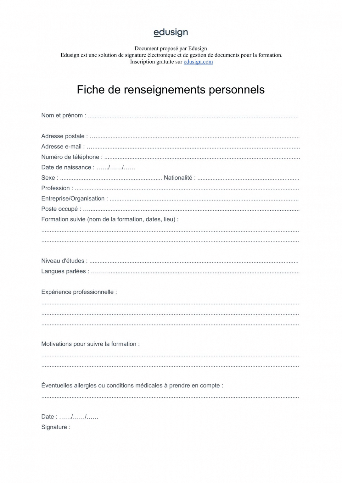 Fiche de renseignements personnels : Modèle gratuit en format Word, PDF ...