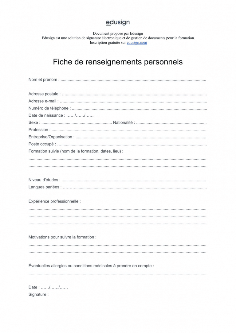 Fiche de renseignements personnels : Modèle gratuit en format Word, PDF ...