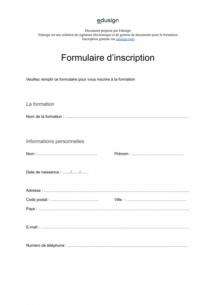 Formulaire d'inscription : Modèle gratuit en format Word, PDF | Edusign
