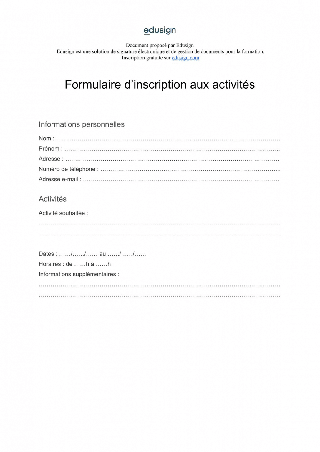 Formulaire d'inscription activité : Modèle gratuit en format Word, PDF | Edusign