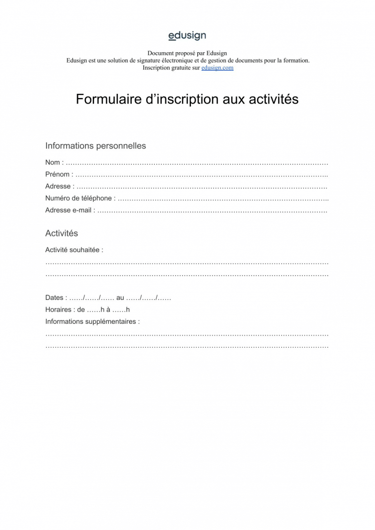Formulaire d'inscription activité : Modèle gratuit en format Word, PDF ...