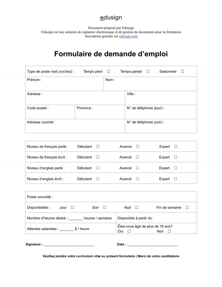 Formulaire de demande d'emploi : Modèle gratuit en format Word, PDF | Edusign