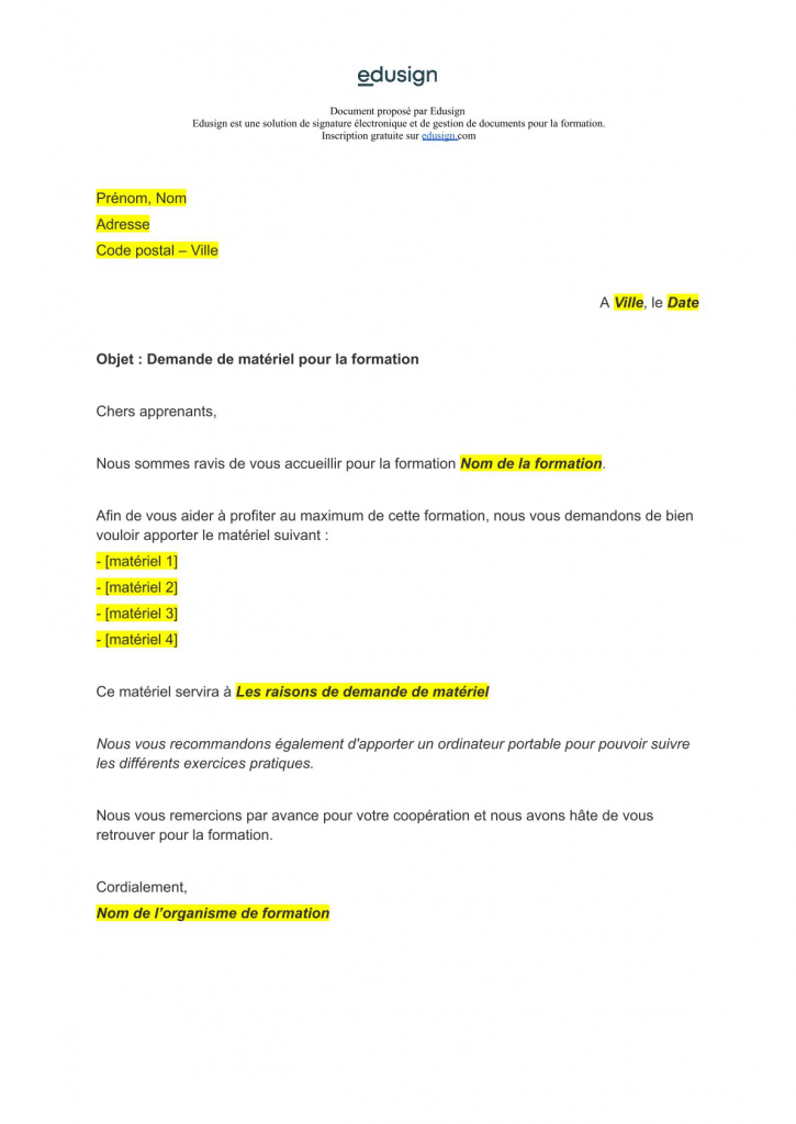Lettre de demande de matériel : Modèle gratuit en format Word, PDF ...