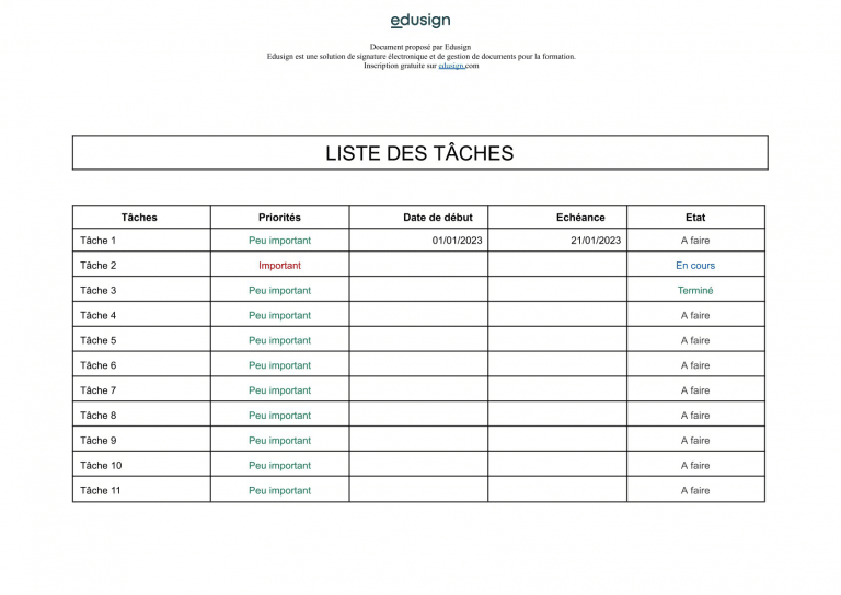 Liste de tâches : Modèle gratuit en format Word, PDF | Edusign