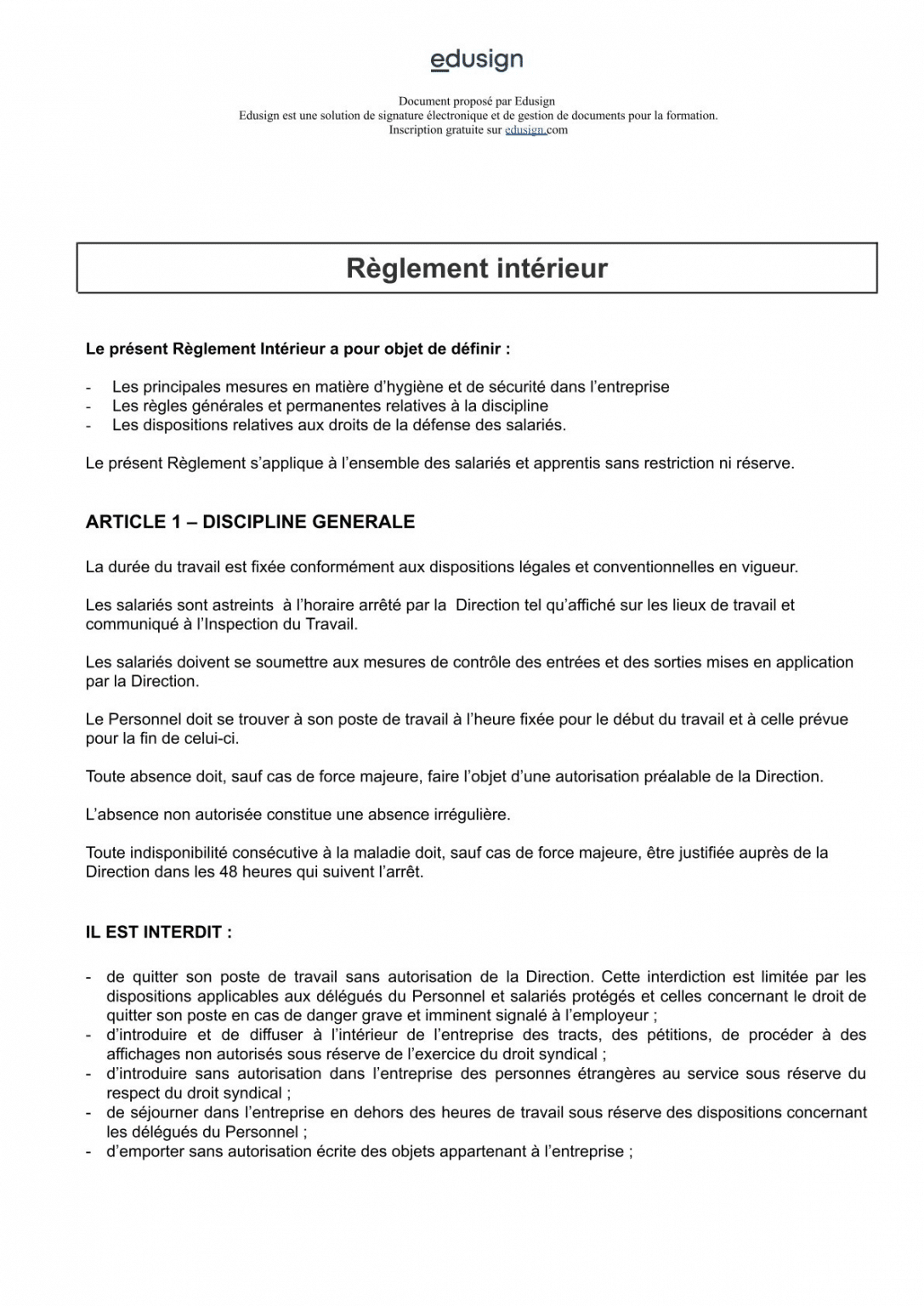 Règlement intérieur : Modèle gratuit en format Word, PDF | Edusign