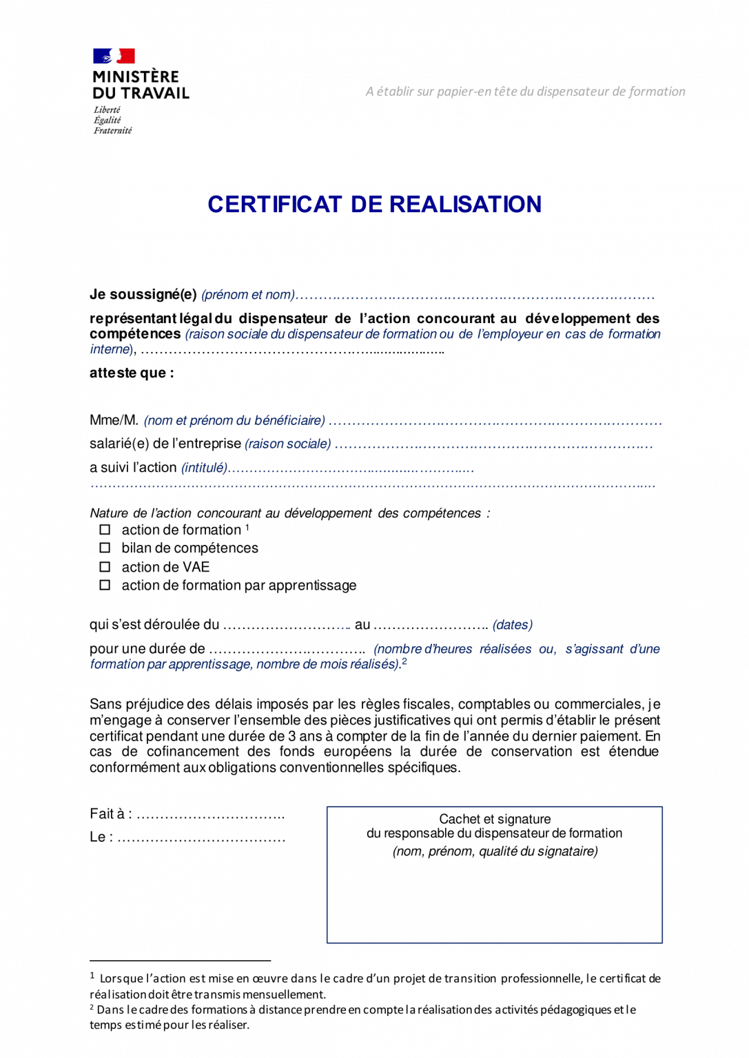 Certificat de réalisation : Modèle gratuit en format Word, PDF | Edusign