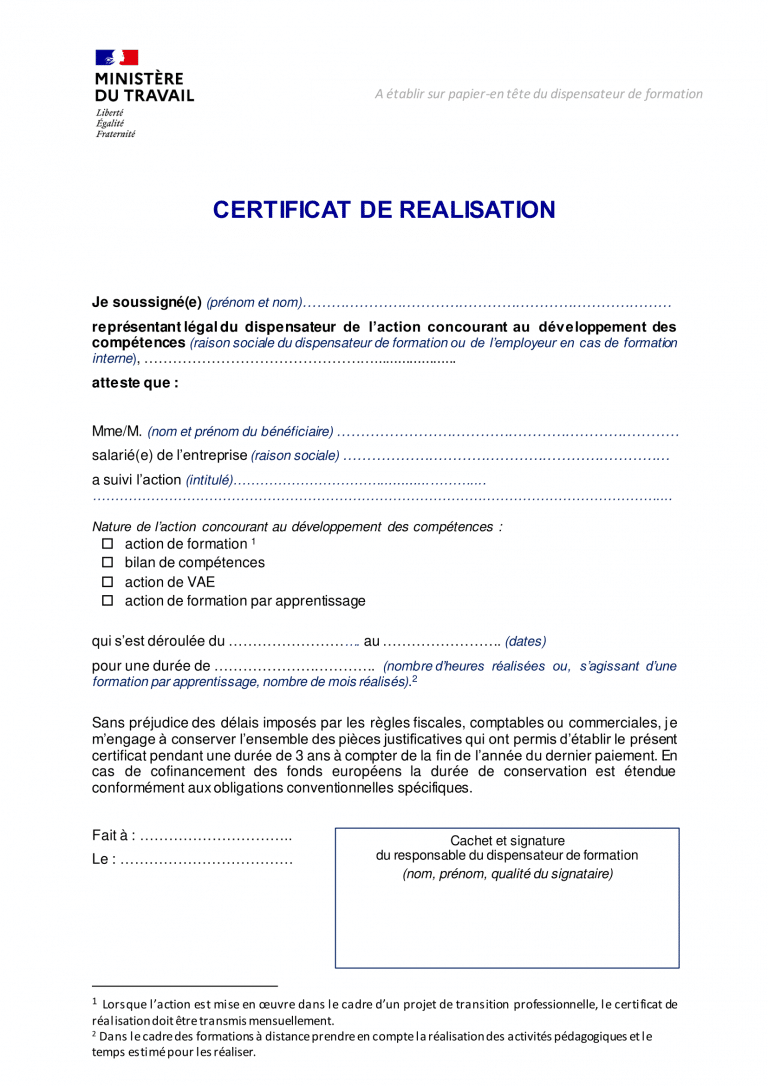 Certificat de réalisation : Modèle gratuit en format Word, PDF | Edusign