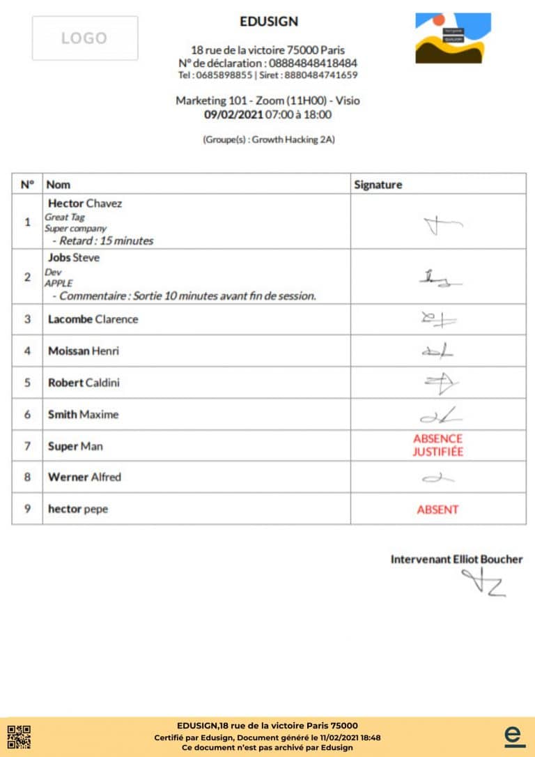 Modèle feuille de présence : Modèle gratuit en format Word, PDF | Edusign