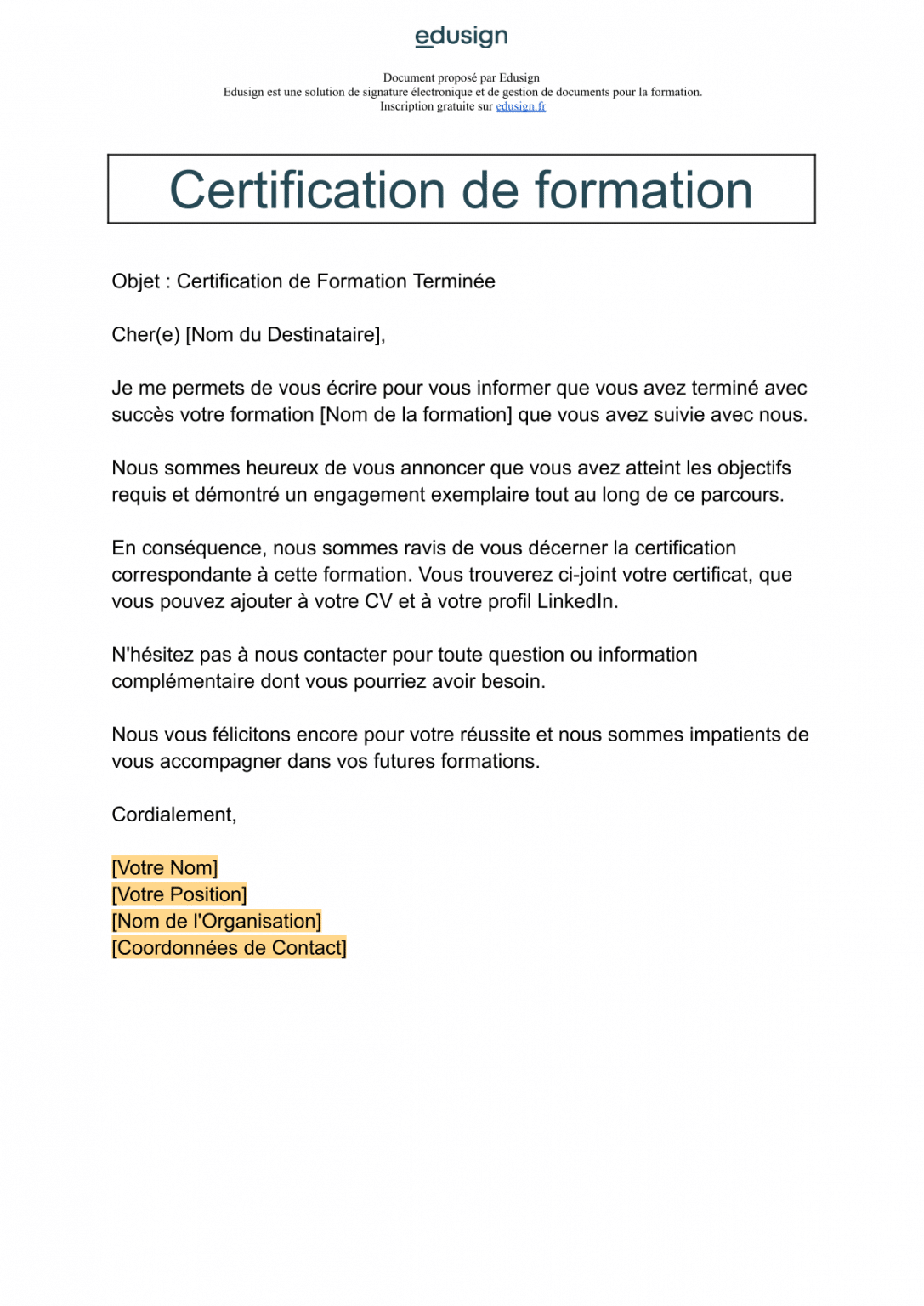Confirmation d'inscription : Modèle de mail ou de lettre gratuit | Edusign