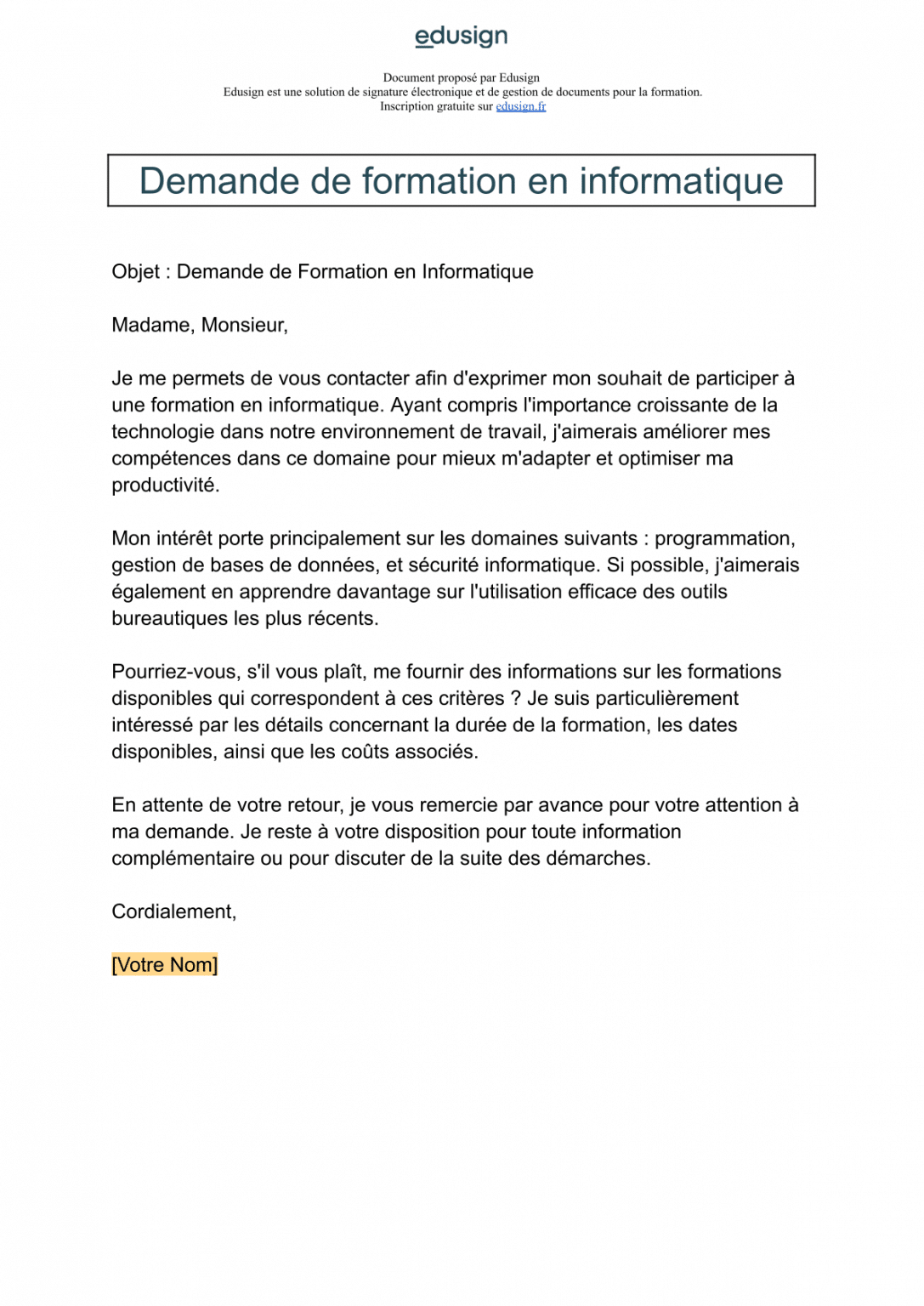 Demande de formation sur mesure : Modèle de mail ou de lettre | Edusign