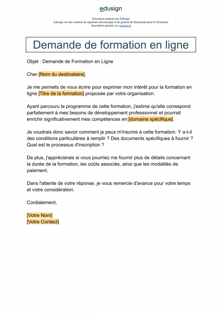 Demande de formation en ligne : Modèle de mail ou de lettre | Edusign