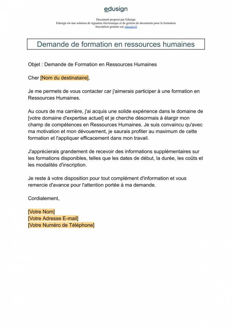 Demande de formation en ressources humaines : Modèle de mail | Edusign