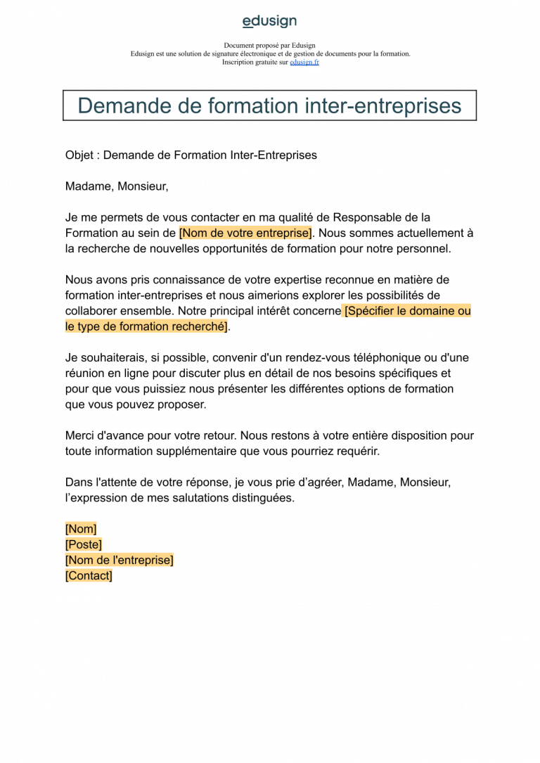 Demande de stage : Modèle de mail gratuit | Edusign