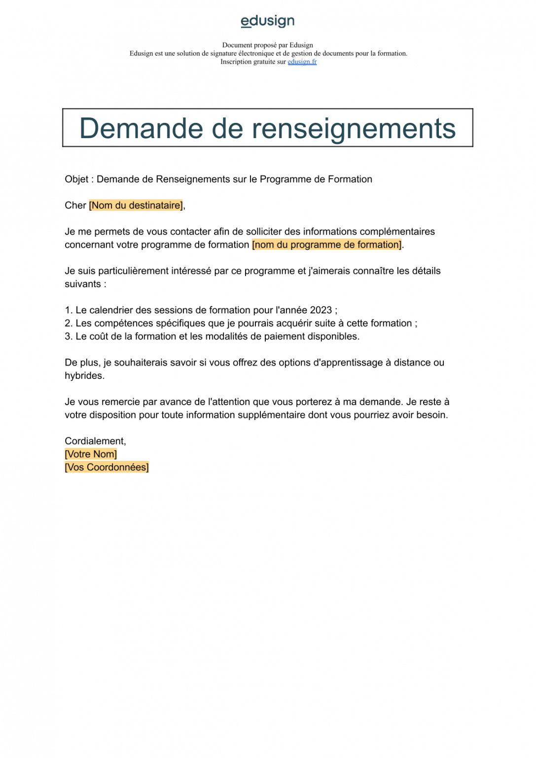 Demande de renseignements : Modèle de mail ou de lettre gratuit | Edusign