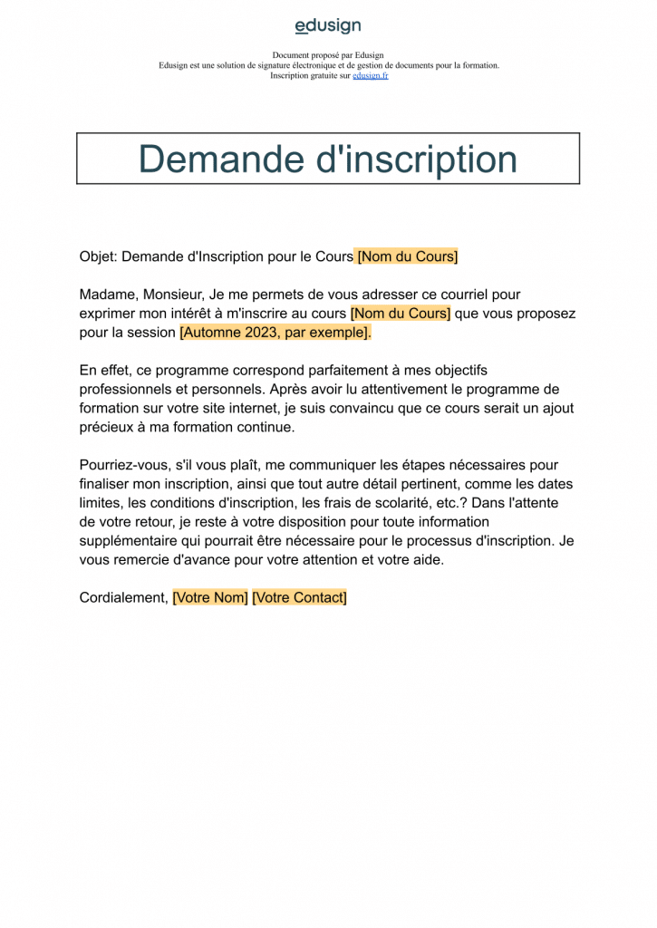 Demande D inscription Mod le De Mail Ou De Lettre Gratuit Edusign