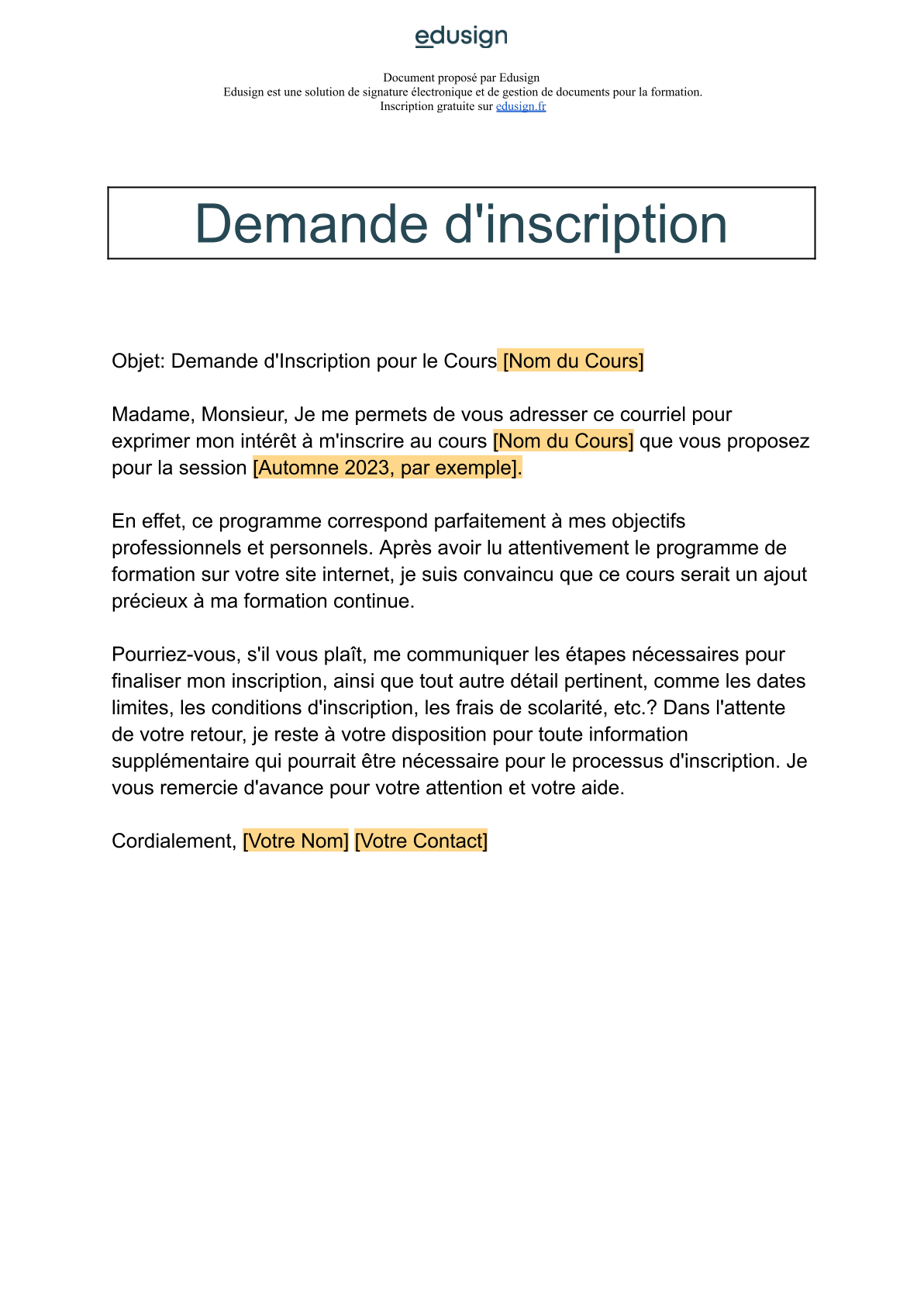 Demande D inscription Mod le De Mail Ou De Lettre Gratuit Edusign
