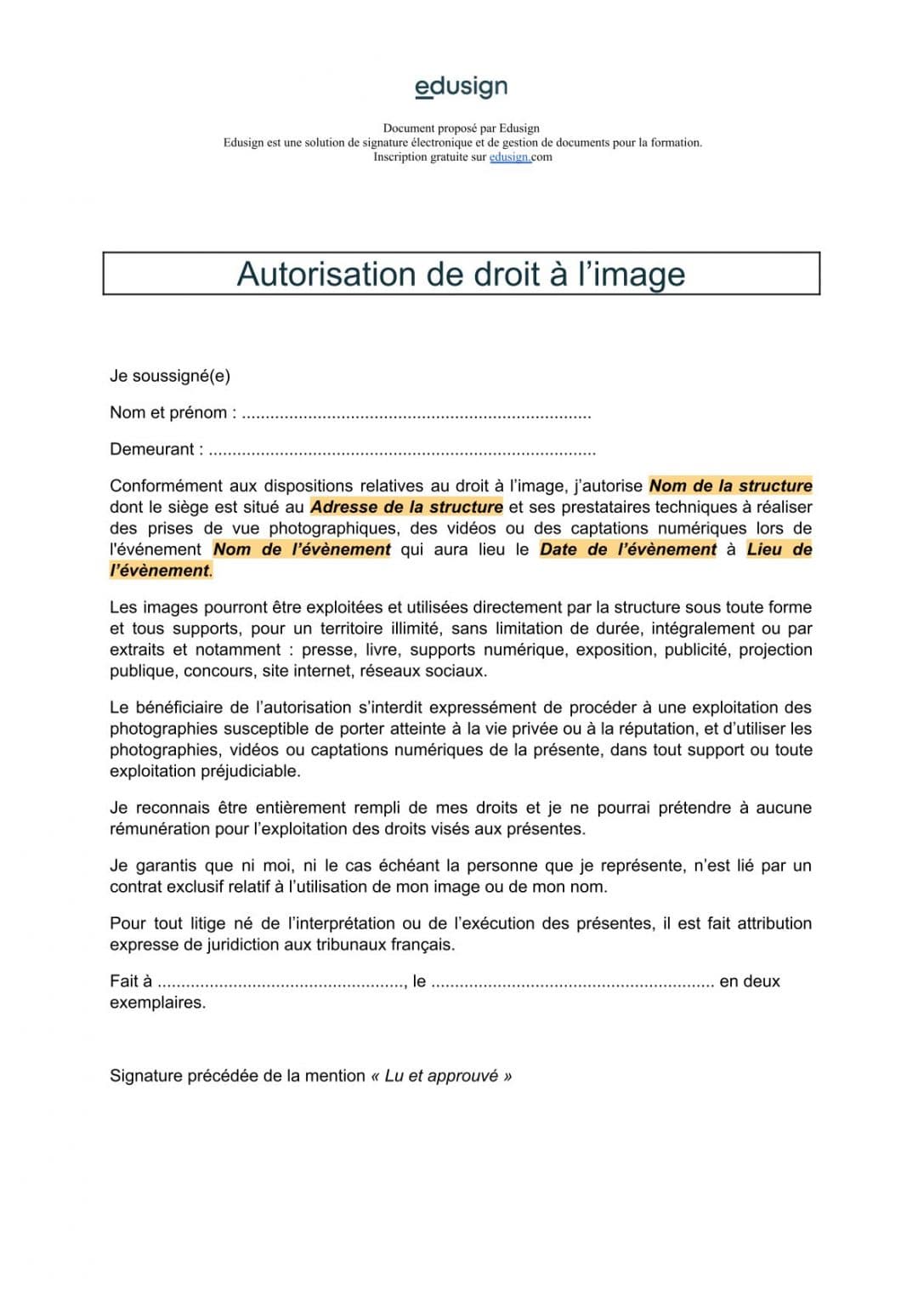 Autorisation droit à l'image : Modèle gratuit en format Word, PDF | Edusign