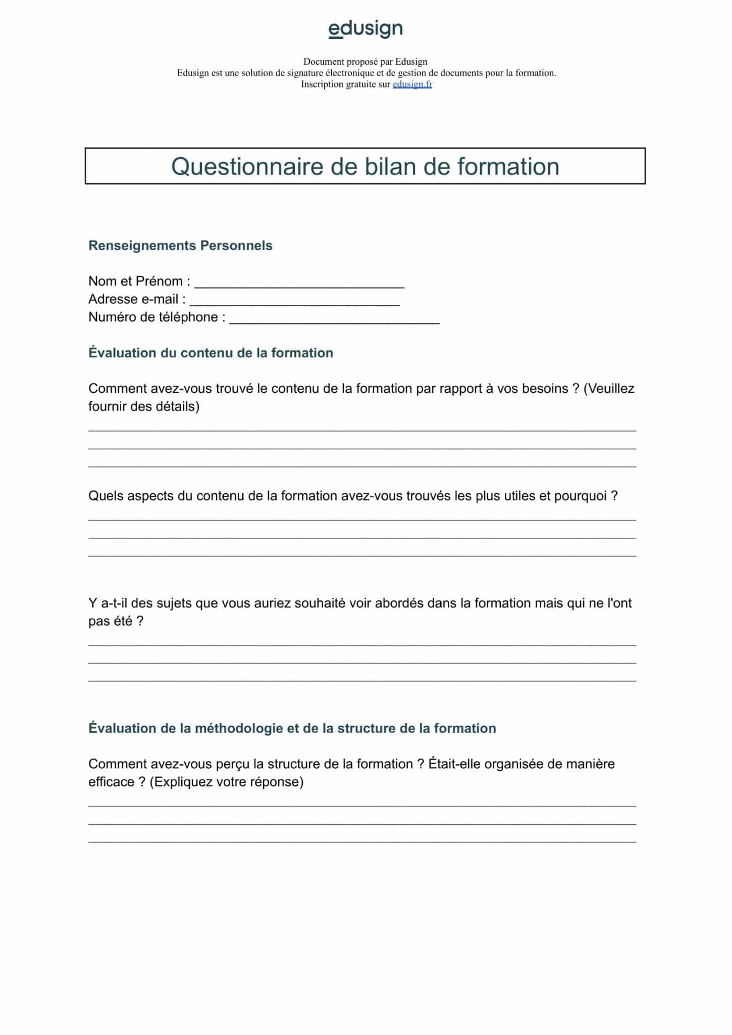 Modèle de questionnaire : Bilan de formation | Edusign