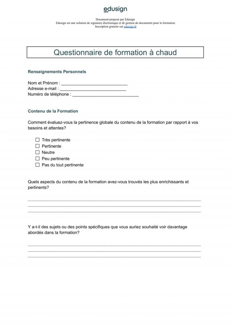 Modèle de questionnaire : Questionnaire de formation à chaud | Edusign
