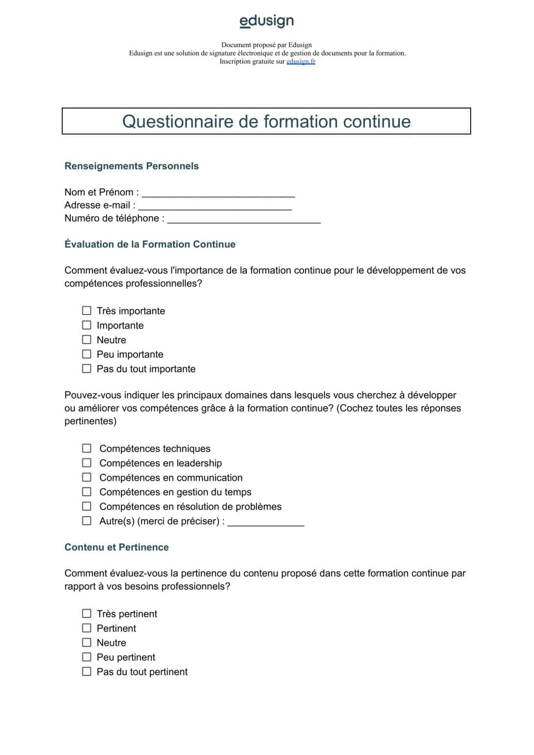 Modèle de questionnaire : Formation continue | Edusign