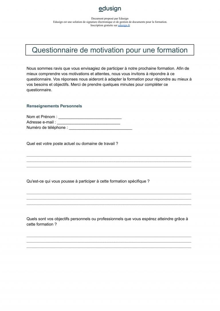 Modèle de questionnaire : Evaluation de formation | Edusign