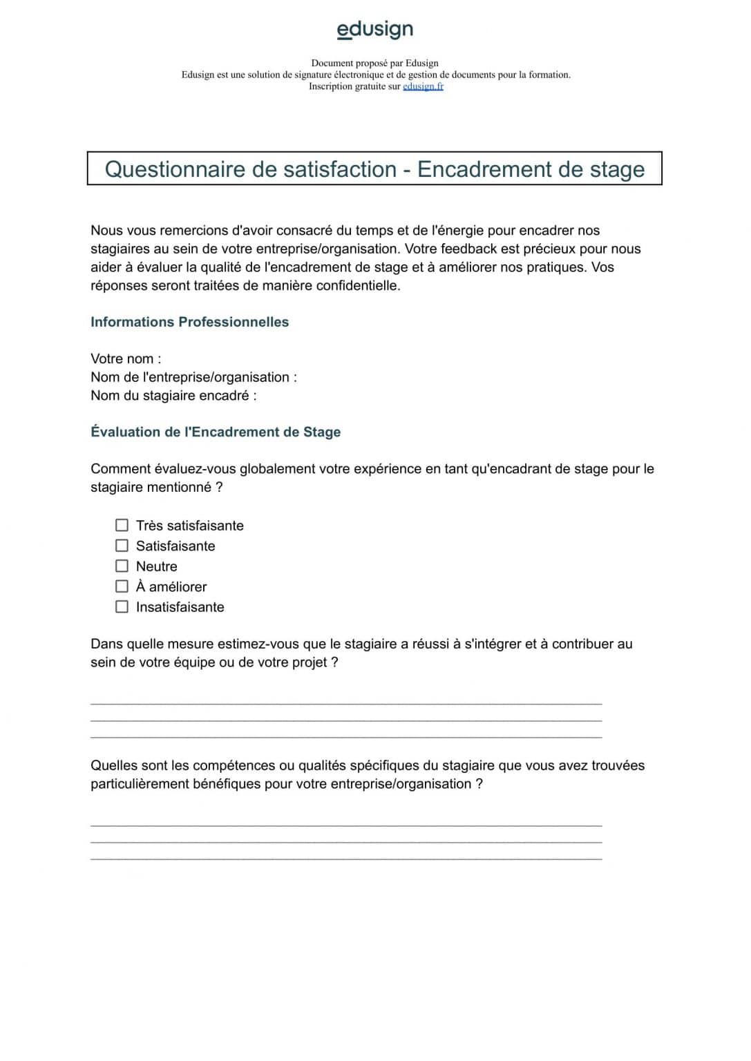 Modèle de questionnaire : Questionnaire de formation à froid | Edusign