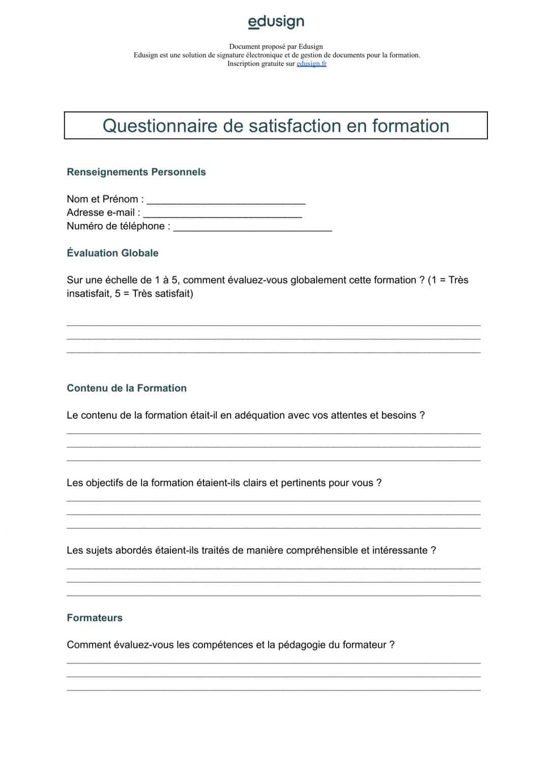 Modèle de questionnaire de satisfaction : Atelier | Edusign