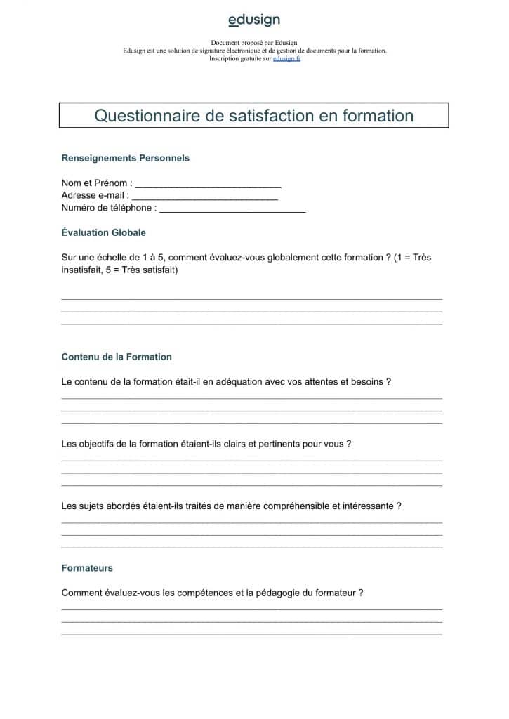 Modèle de questionnaire de satisfaction : Atelier | Edusign