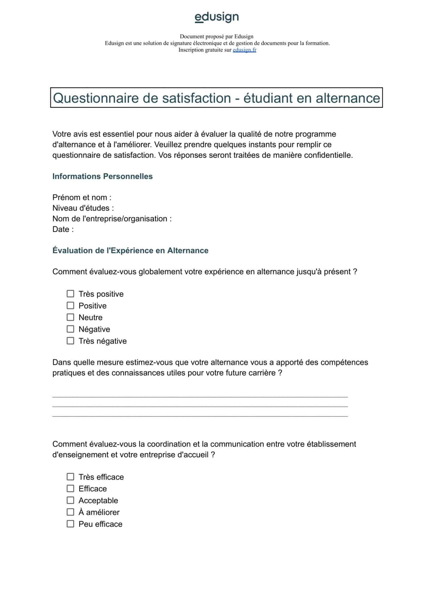 Modèle de questionnaire : Satisfaction des étudiants | Edusign