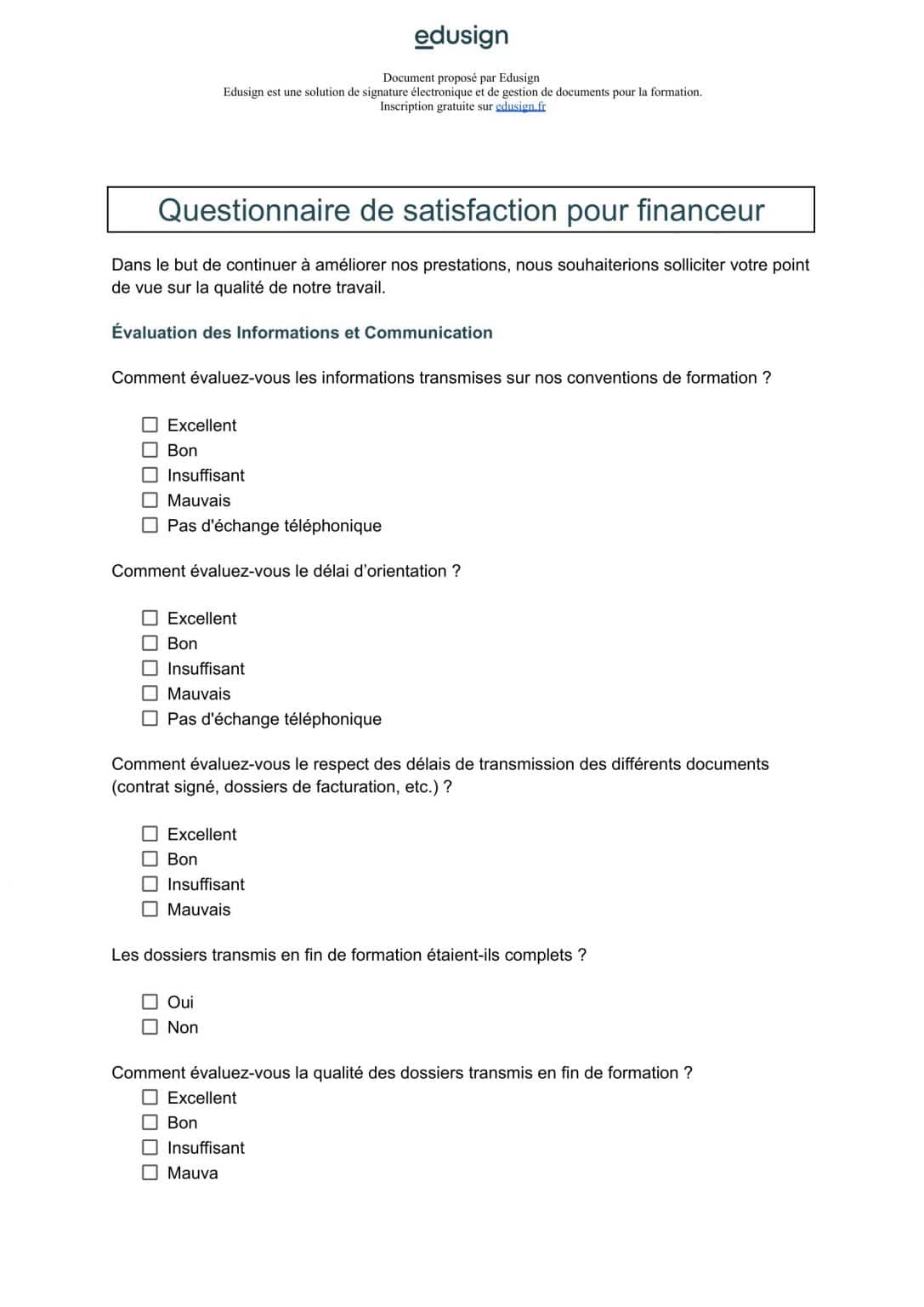 Modèle de questionnaire : Satisfaction des financeurs de formation ...