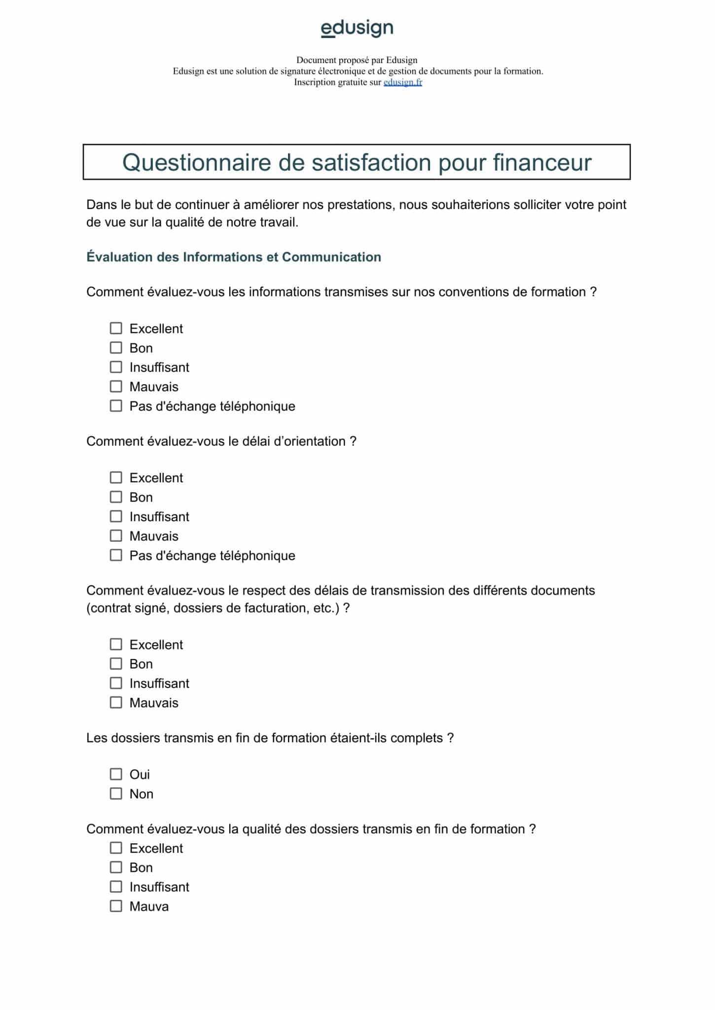 Modèle de questionnaire : Satisfaction des financeurs de formation ...