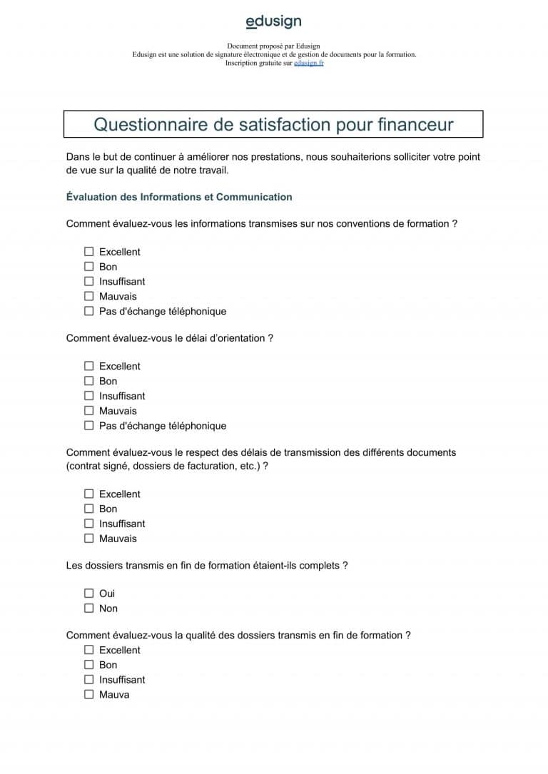 Modèle de questionnaire : Satisfaction des financeurs de formation ...