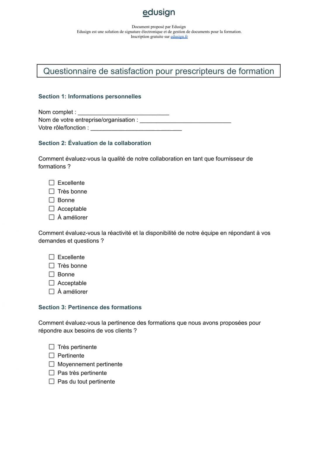 Modèle de questionnaire : Pré-formation | Edusign