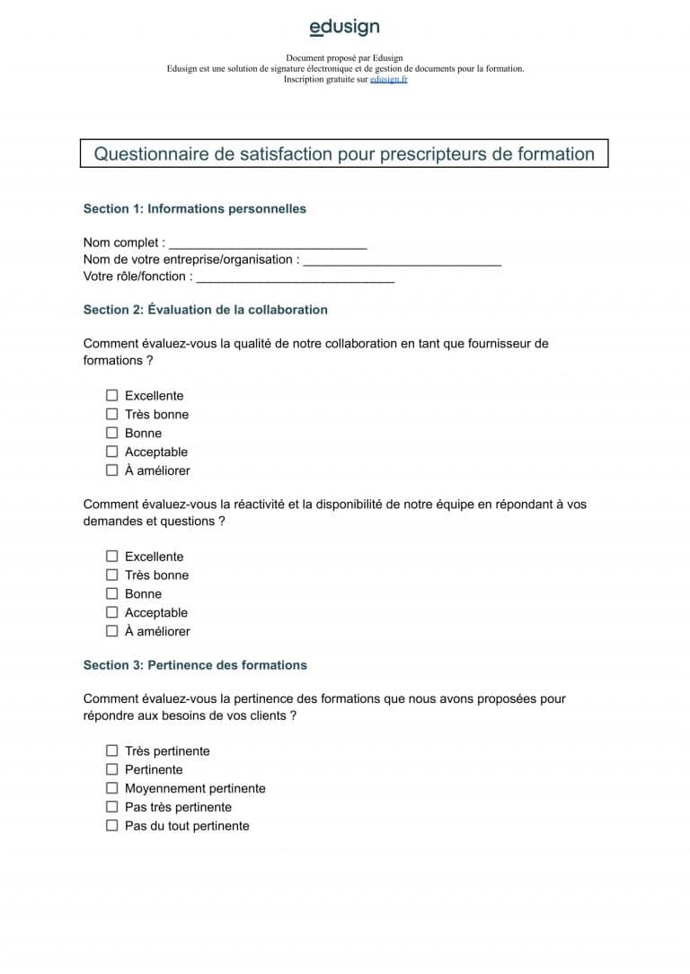 Modèle de questionnaire : Pré-formation | Edusign