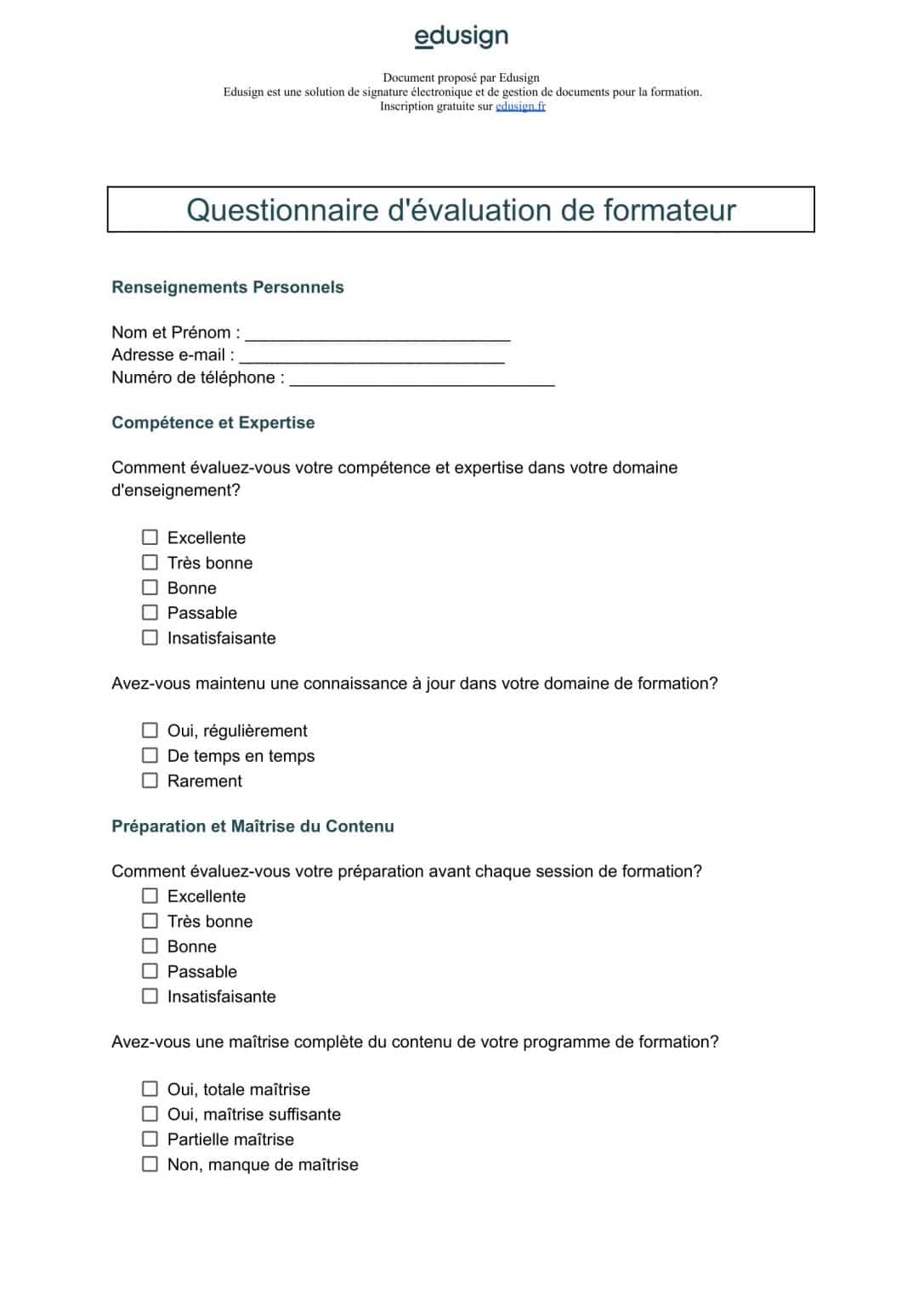 Modèle de questionnaire : Pré-formation | Edusign