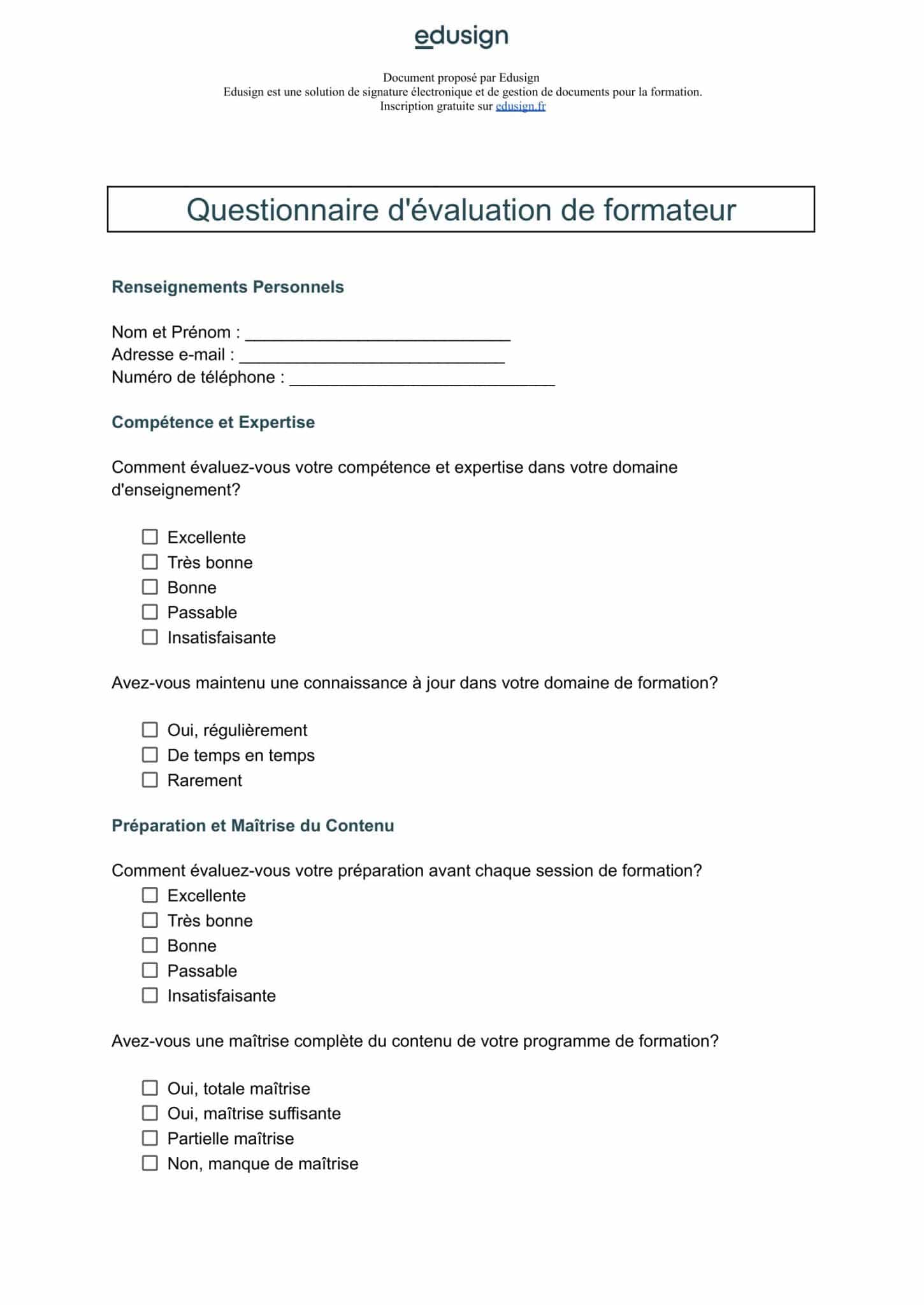 Modèle de questionnaire : Pré-formation | Edusign