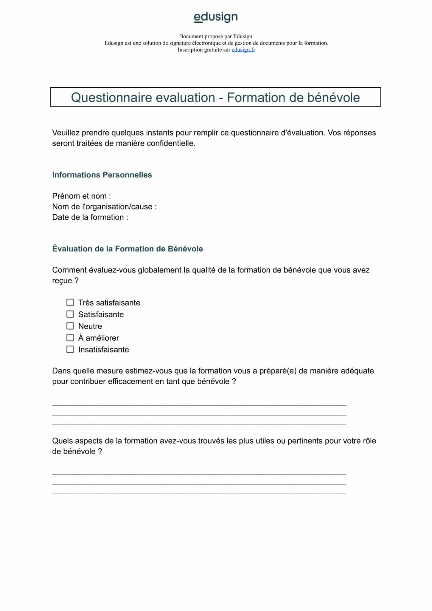 Modèle de questionnaire de satisfaction : Encadrement de stage | Edusign