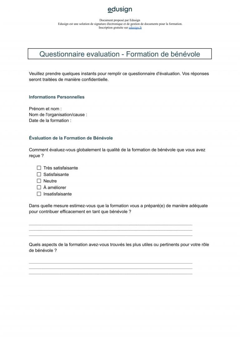 Modèle de questionnaire de satisfaction : Encadrement de stage | Edusign