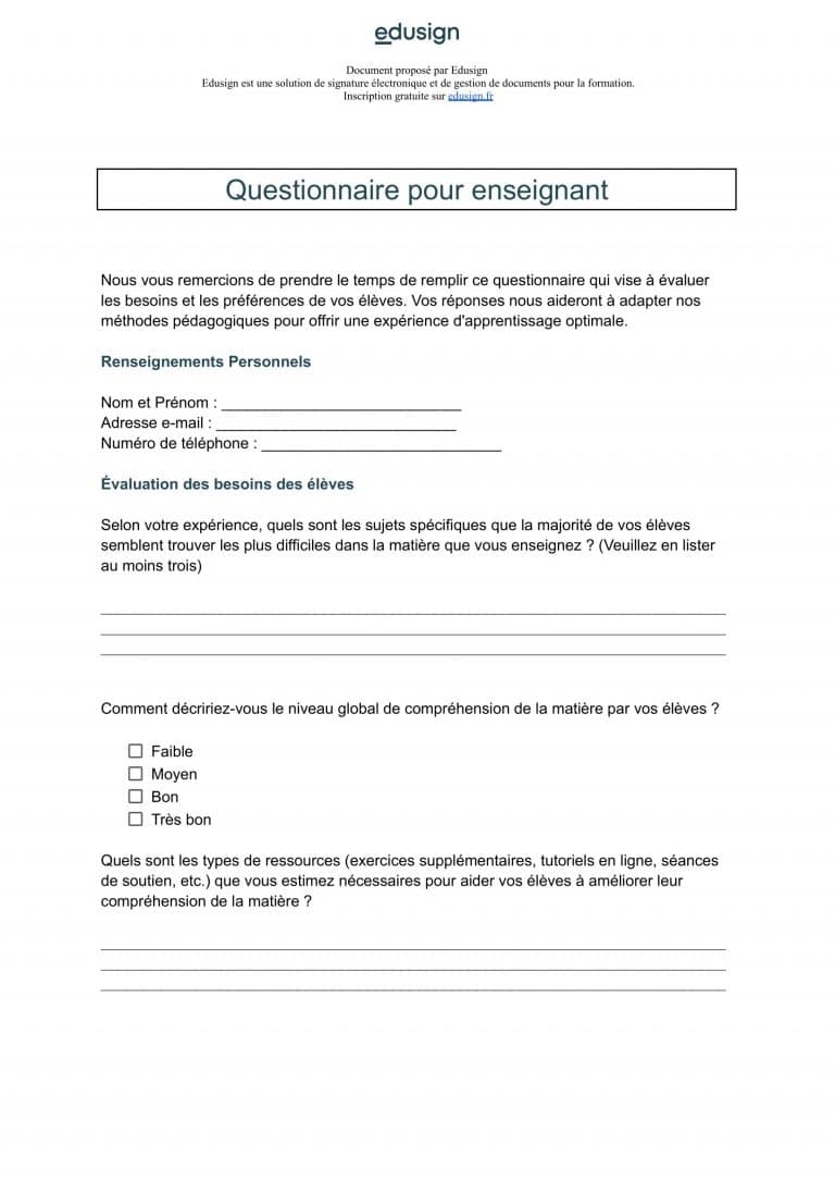 Modèle de questionnaire de satisfaction : Stage de langue | Edusign