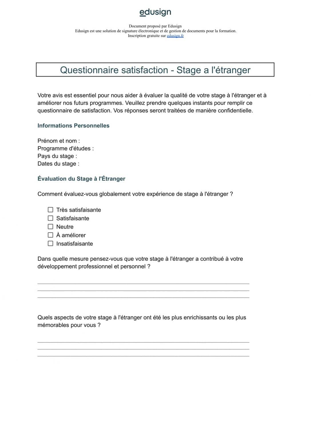 Modèle de questionnaire de satisfaction : Fin de stage | Edusign