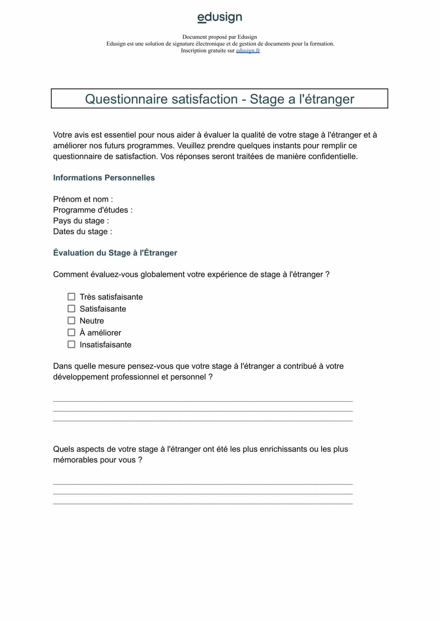 Modèle de questionnaire de satisfaction : Fin de stage | Edusign