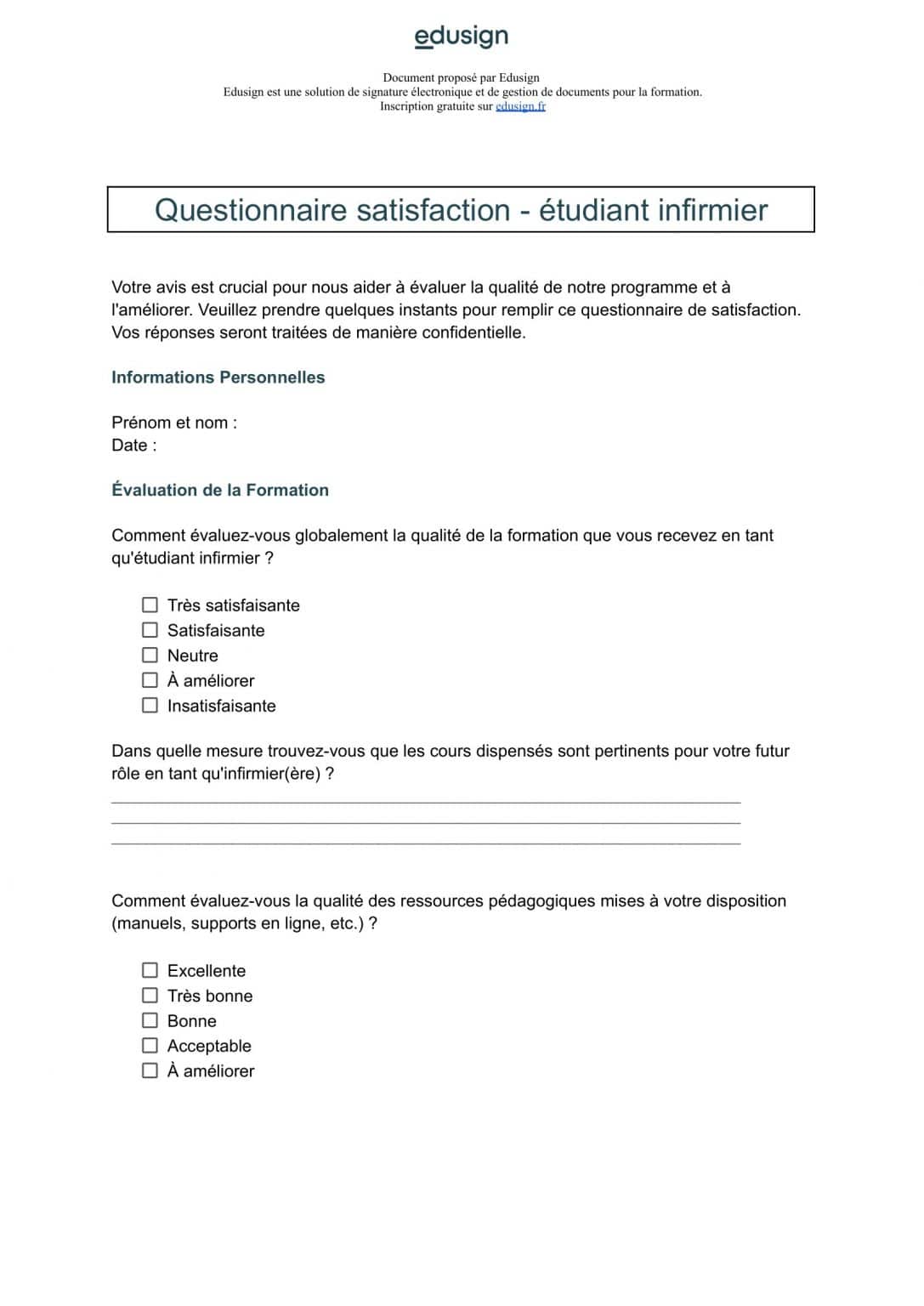 Modèle de questionnaire : Activités périscolaires | Edusign